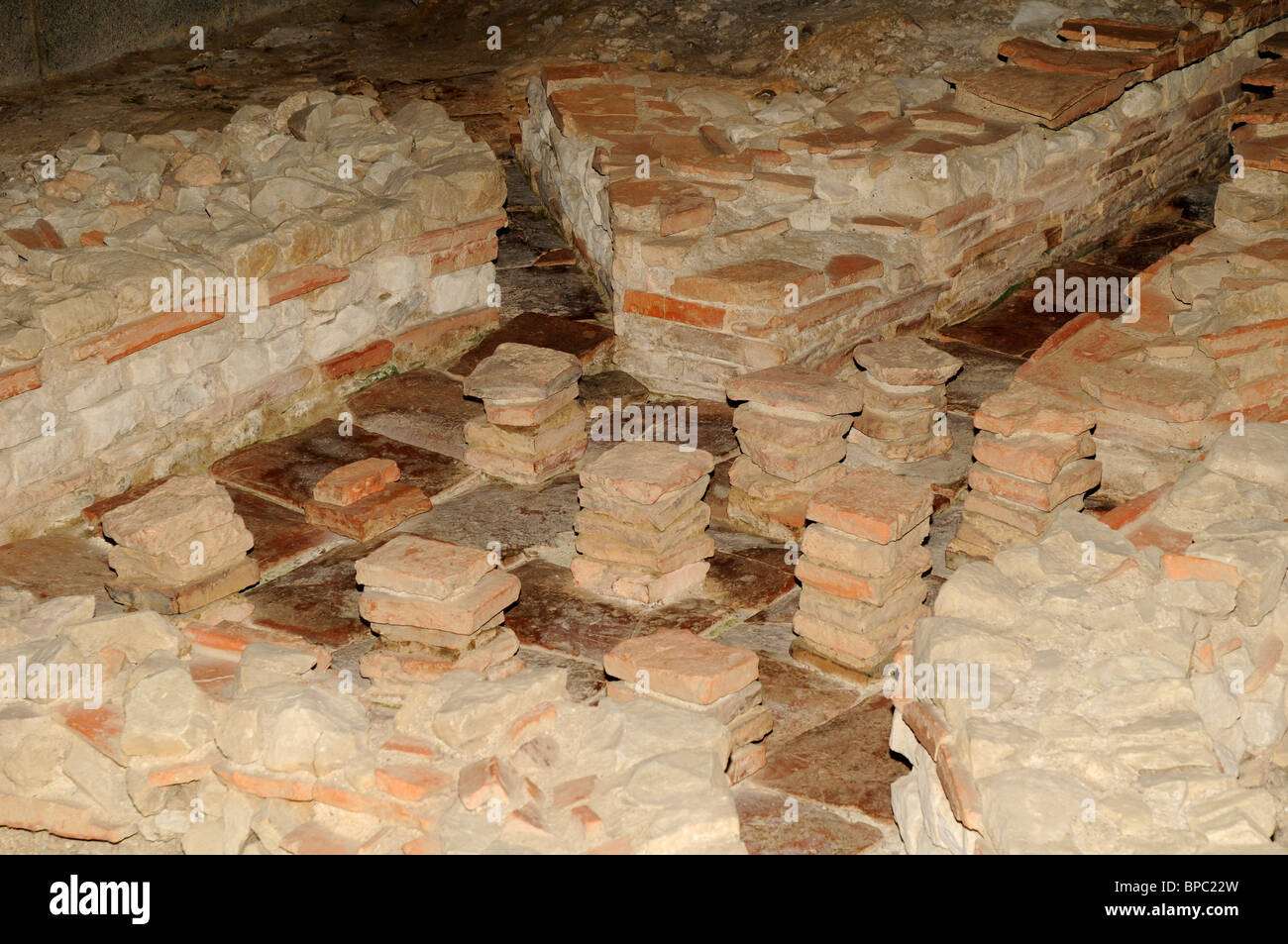 Hypocaust at Fishbourne Roman Palace, Sussex, UK. Ancient Roman system ...