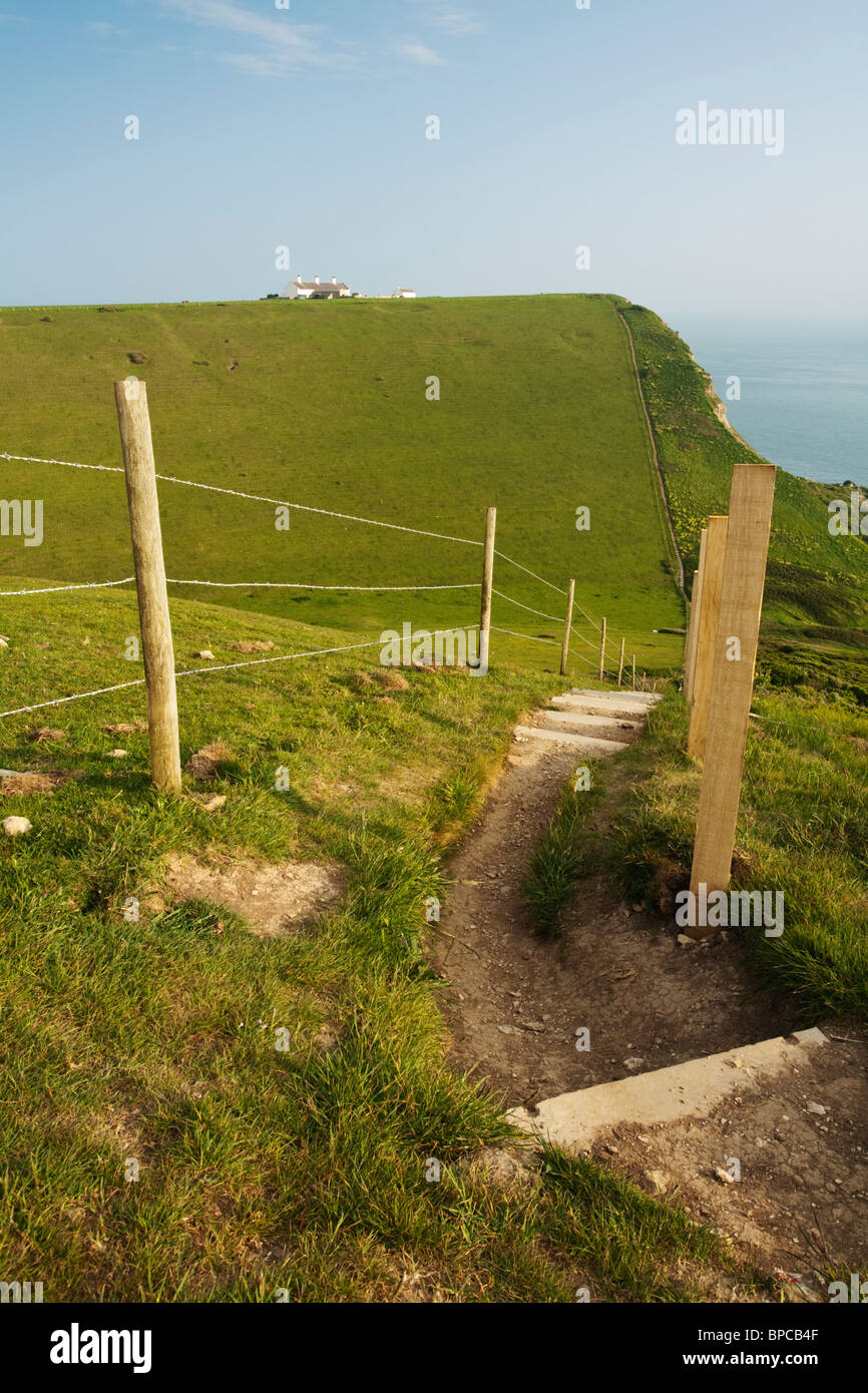 Looking down the steep cliff steps on the coastal footpath towards St ...