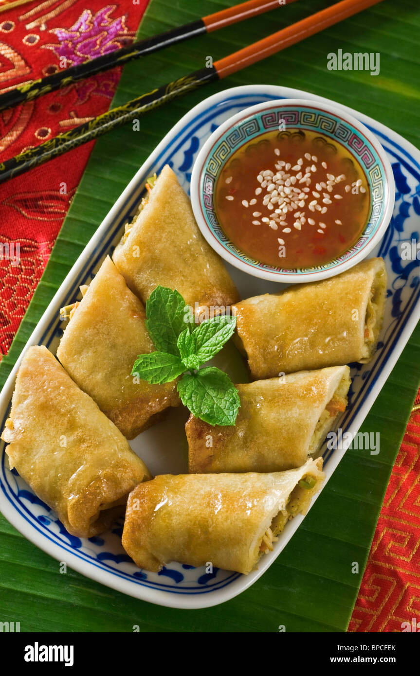 Spring rolls with chilli sauce. Asia food Stock Photo - Alamy