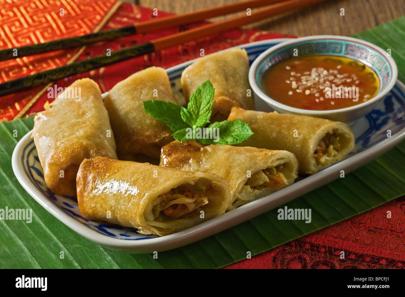 Spring rolls with chilli sauce. Asia food Stock Photo - Alamy