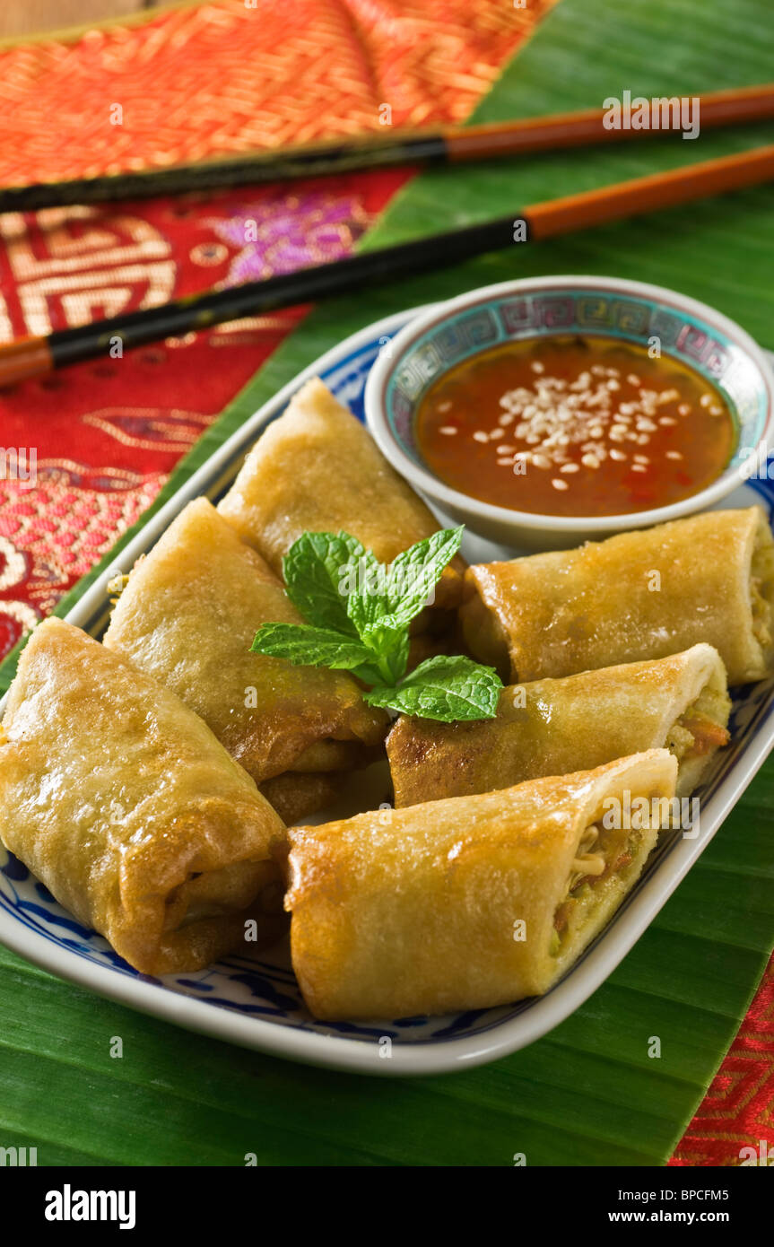 Spring rolls with chilli sauce. Asia food Stock Photo - Alamy