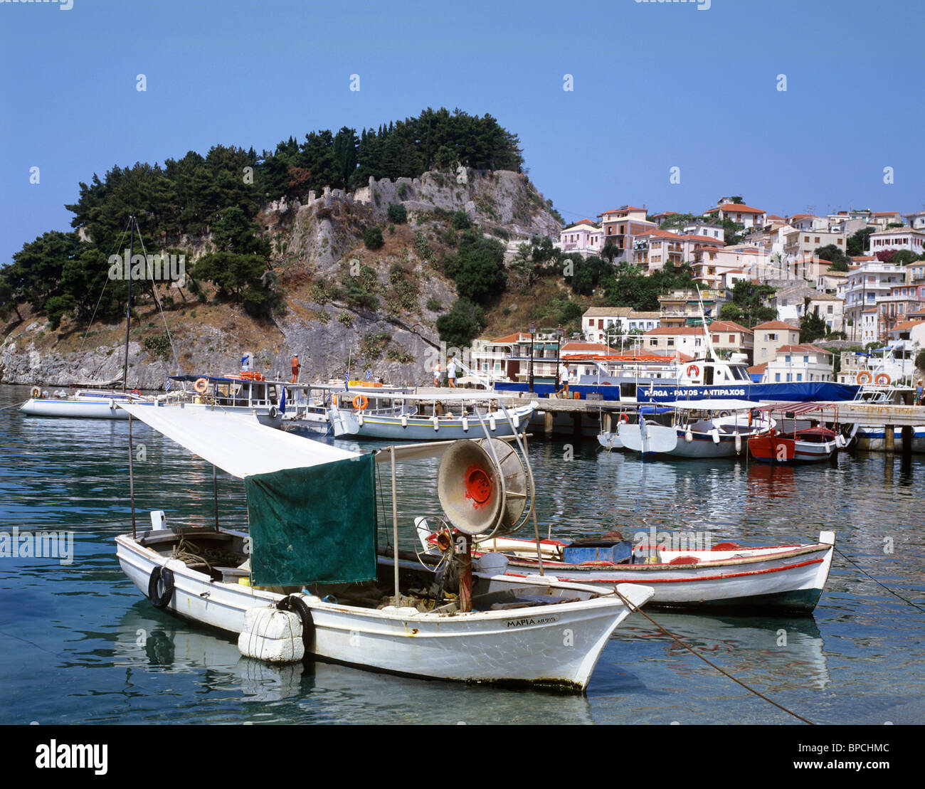 Harbour scene at the Ionian coastal resort of Parga on mainland Greece ...