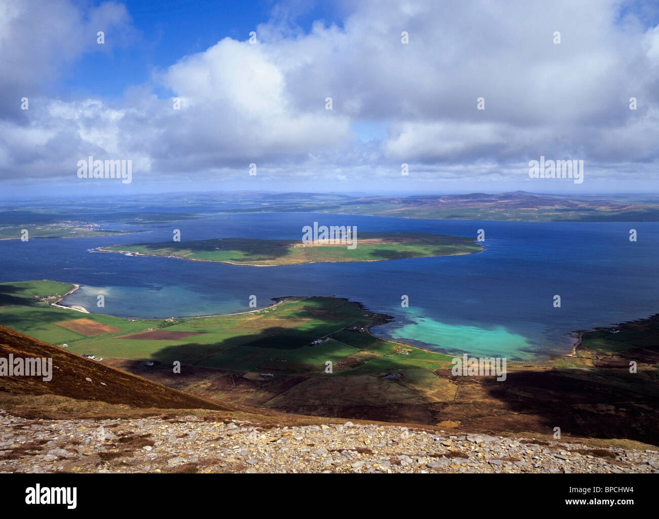 hor, orkney,northern isles,scotland; looking down over burra sound ...
