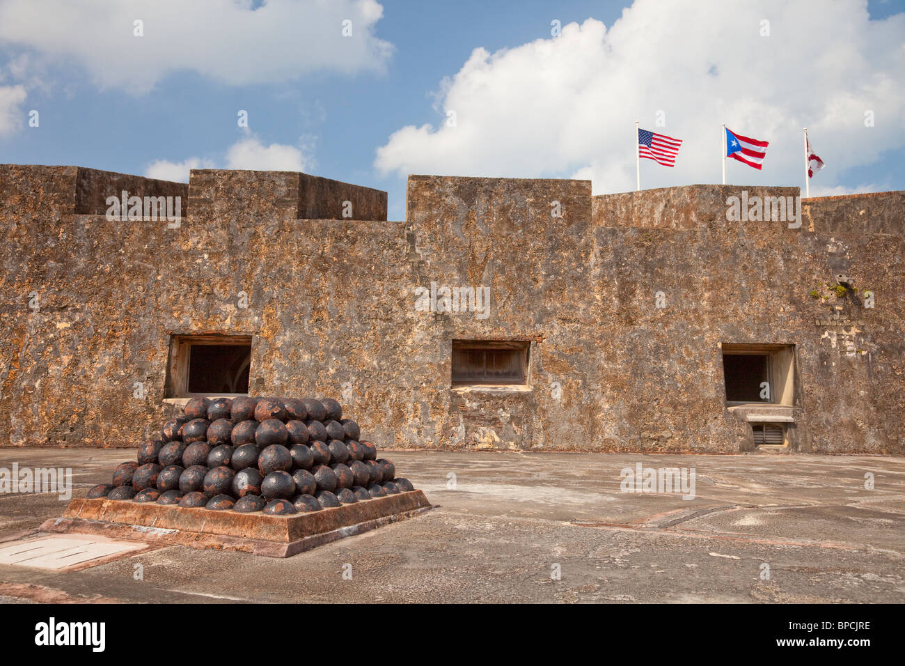 Interior of the San Cristobal Castle with cannon ball ammunition in San ...