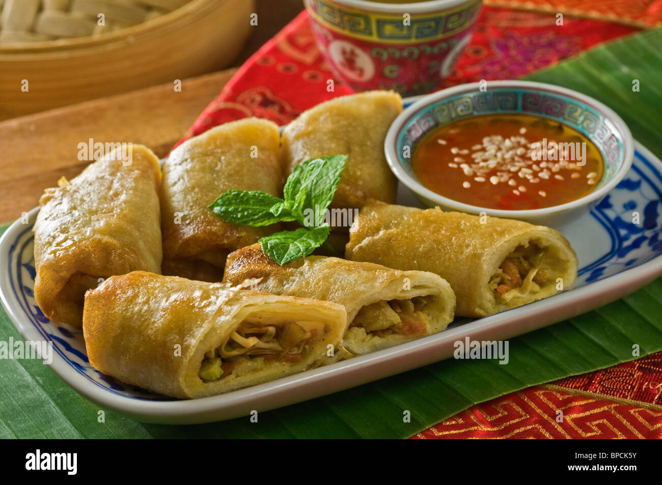 Spring rolls with chilli sauce. Asia food Stock Photo - Alamy