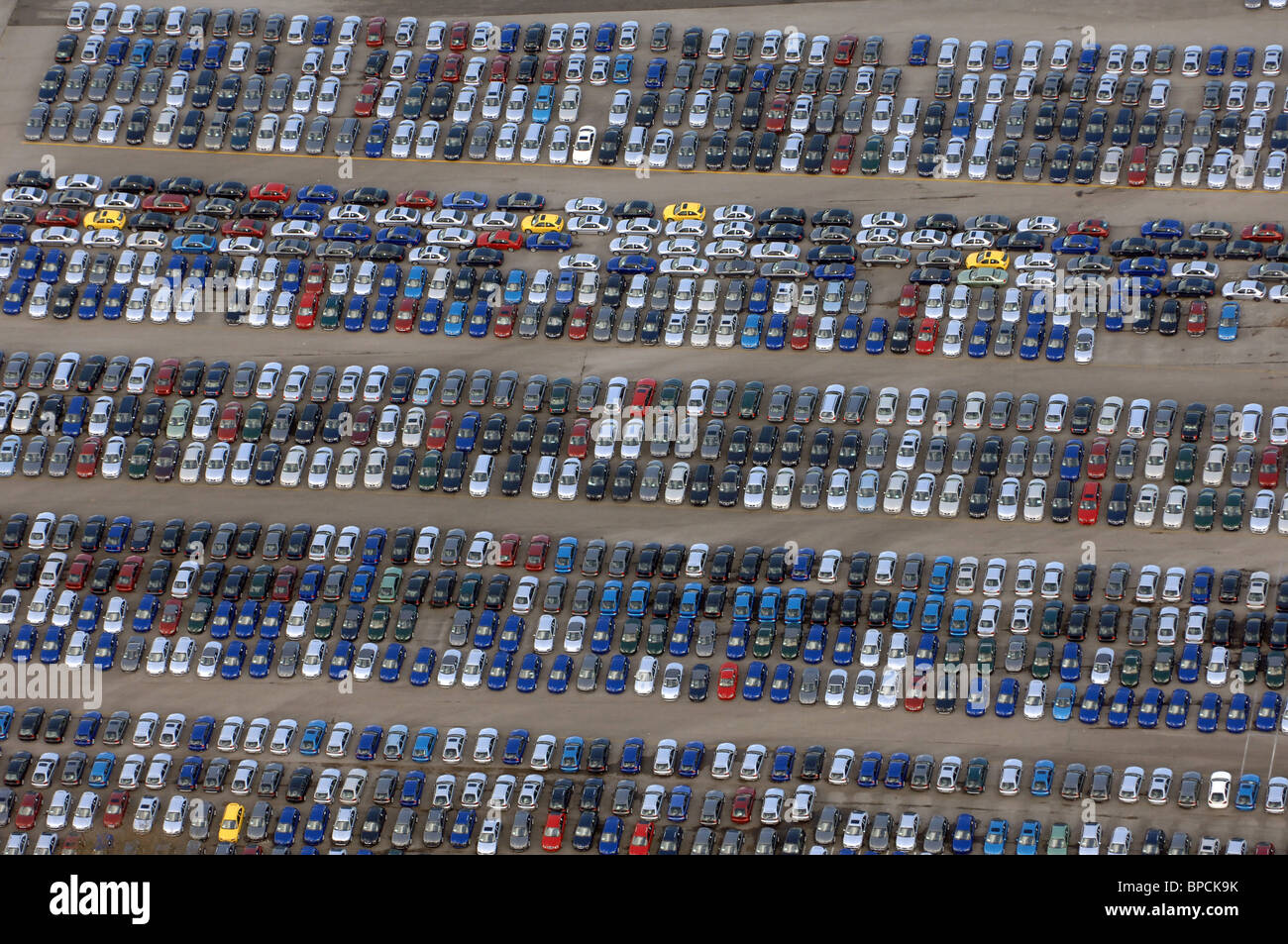 Aerial view of new cars stockpiled at Longbridge car factory in ...