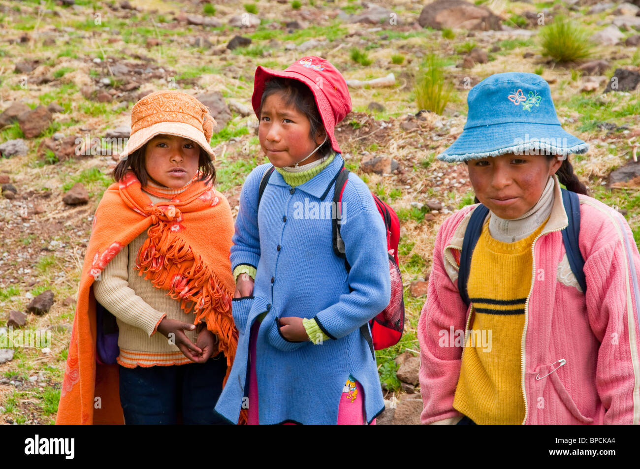 Peruvian children in traditional dress in rural Peru, South America ...