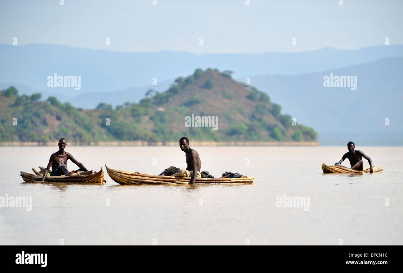 Fishermen in traditional balsa wood rafts, Lake Baringo, Rift Valley ...