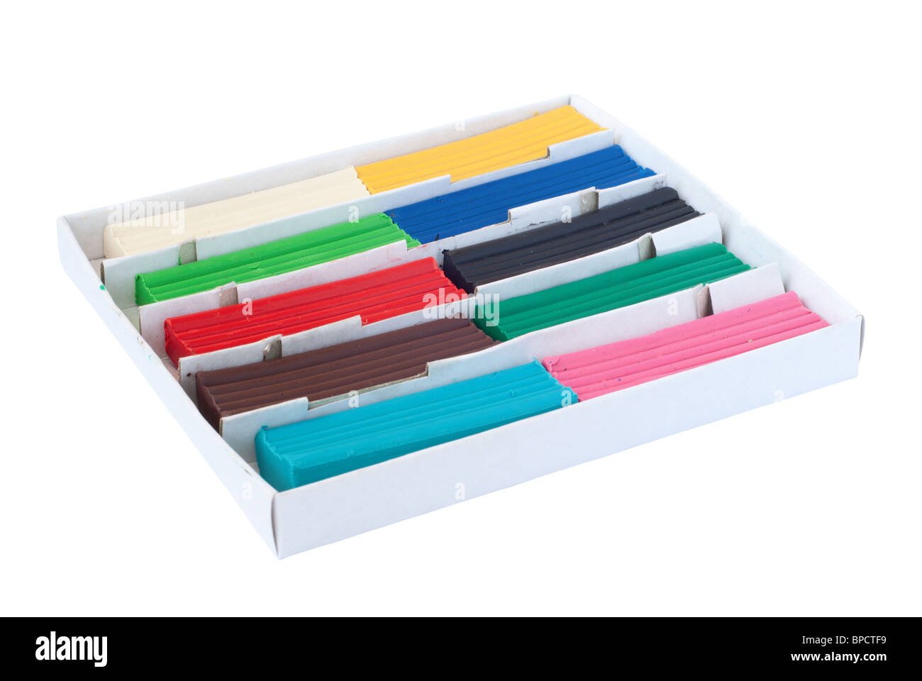 Box with pieces of colored plasticine. Isolated on white background ...