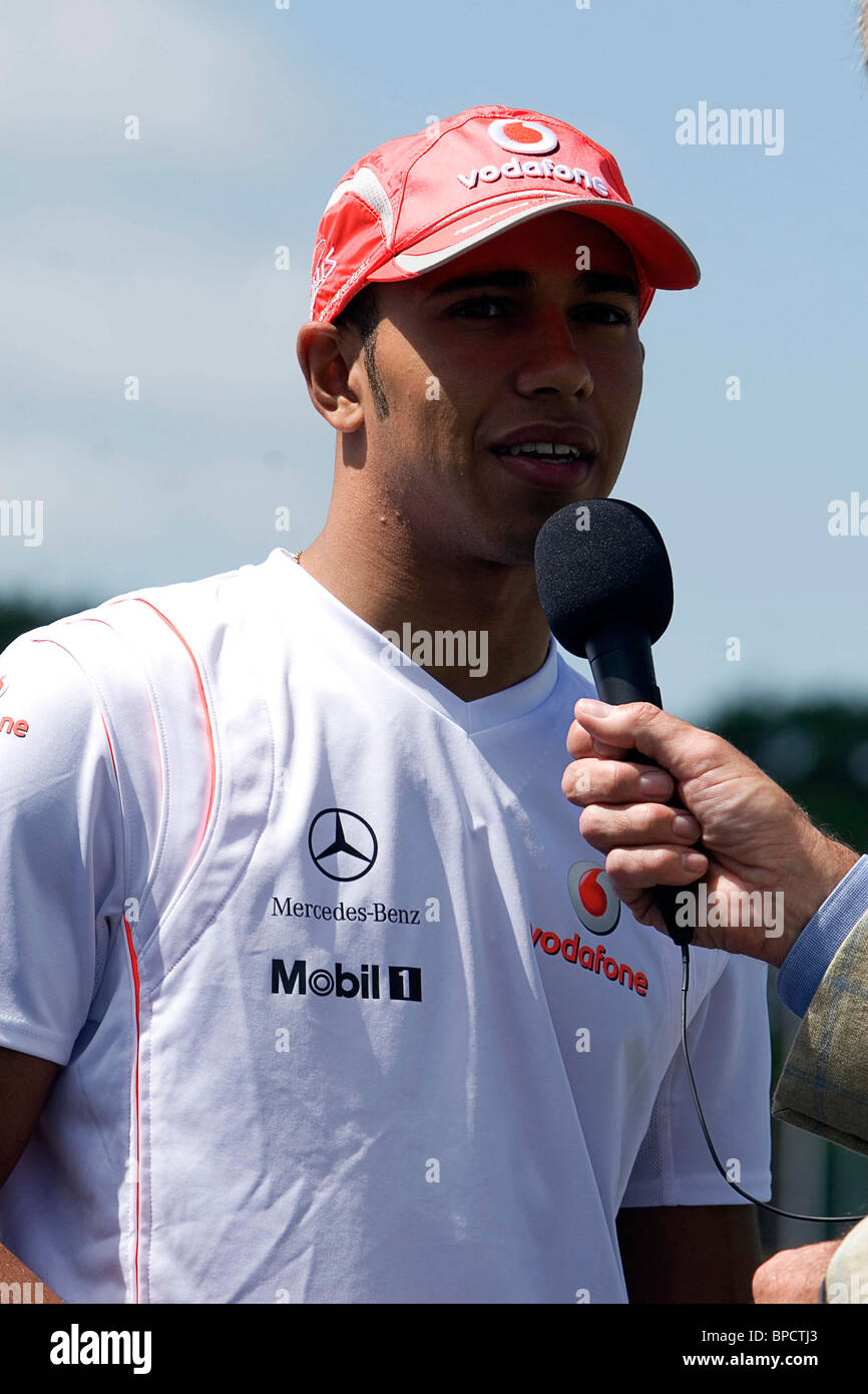 Lewis Hamilton being interviewed at the Brooklands Festival Stock Photo ...