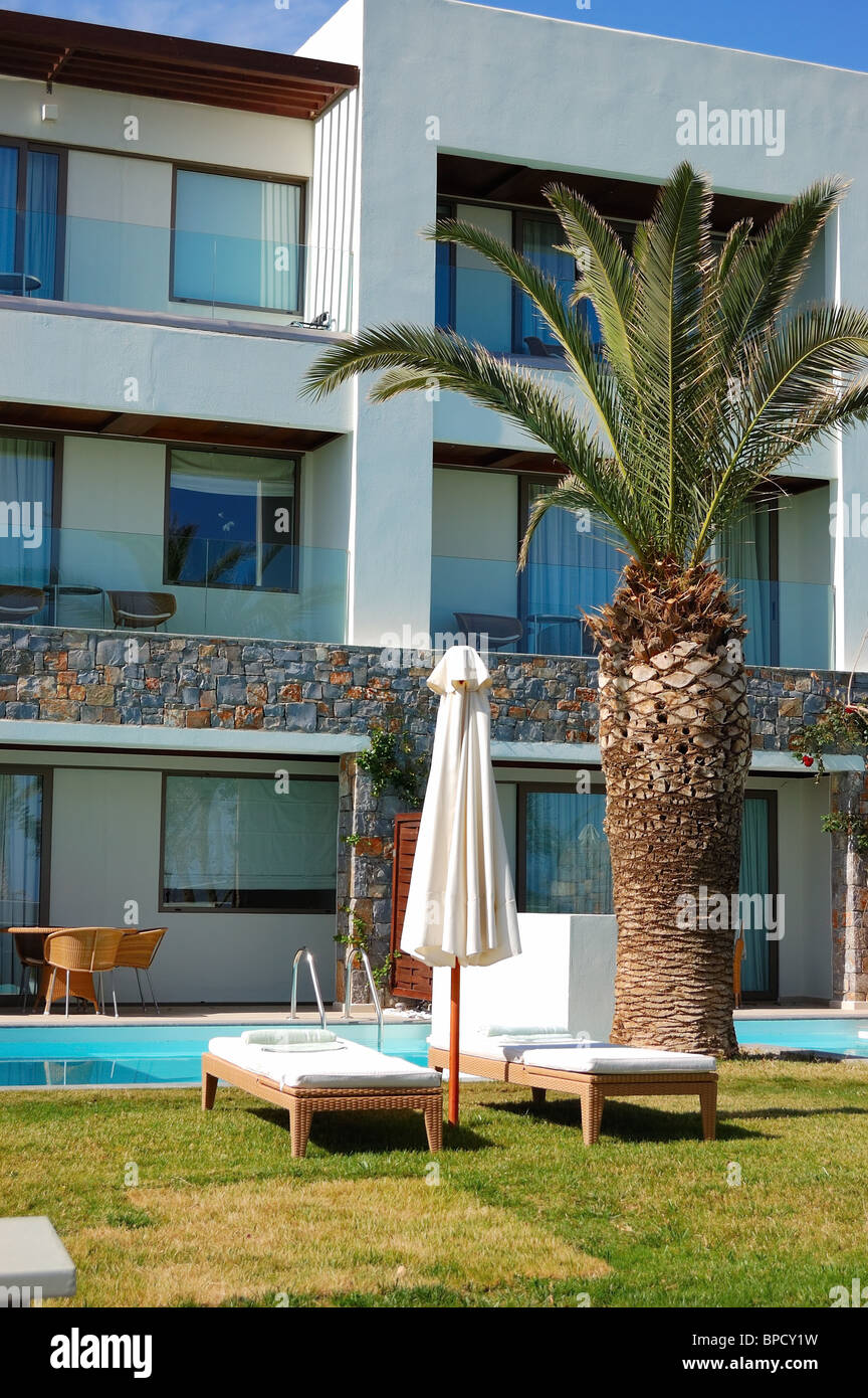 Sunbeds and palm tree at swimming pool of luxury hotel, Crete, Greece ...
