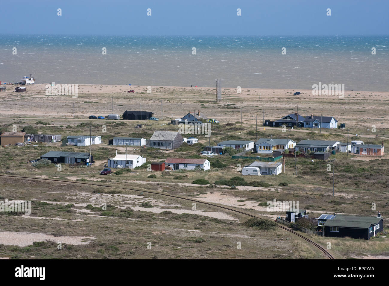 aerial view dungeness beach sea sky houses railway Stock Photo - Alamy