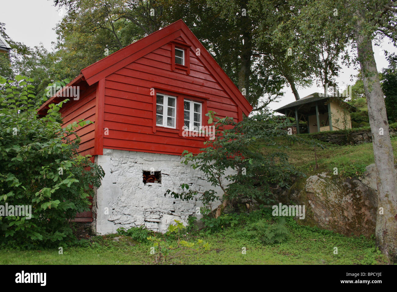 Small red norwegian house surrounded by the beautiful green nature ...