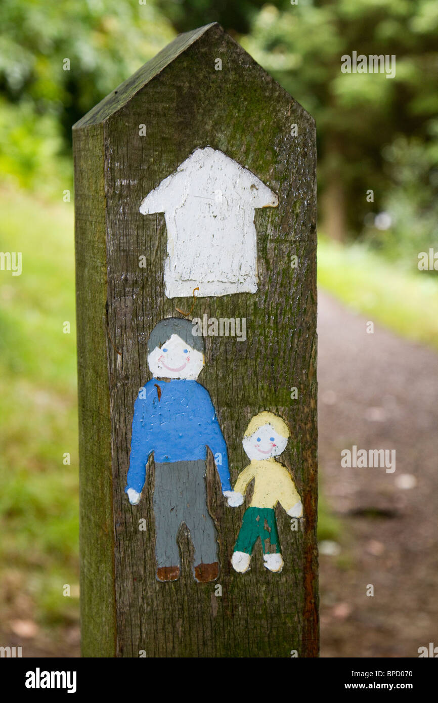 walking route signpost with coloured lady and child inset by ladybower ...