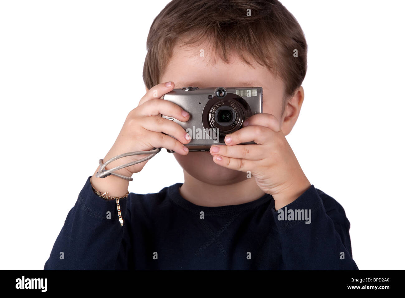 Kid Using A Small Digital Photo Camera In Classic Snapshot Position ...