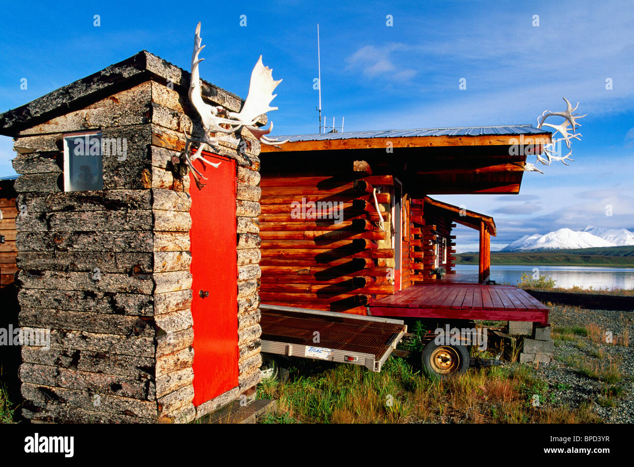 Outhouse, Outside Toilet, Outdoor Loo, Antlers over Red Door, Log Cabin ...