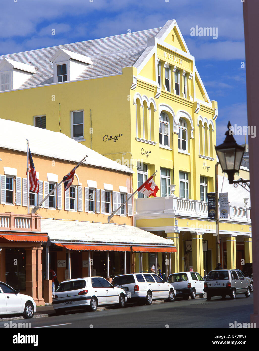 Pastel-coloured colonial buildings, Front Street, Hamilton, Pembroke ...
