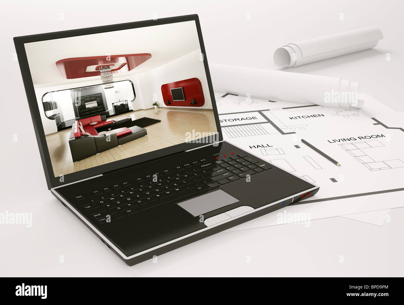 Laptop and blueprint of housing project 3d render Stock Photo - Alamy