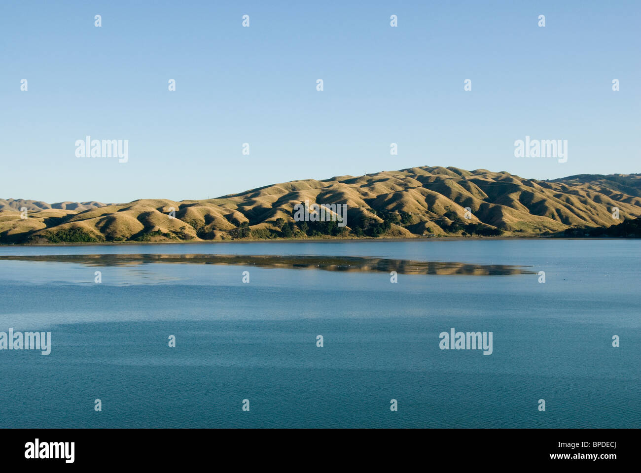 Evening light on hills beside Pauatahanui Inlet, Porirua harbour ...