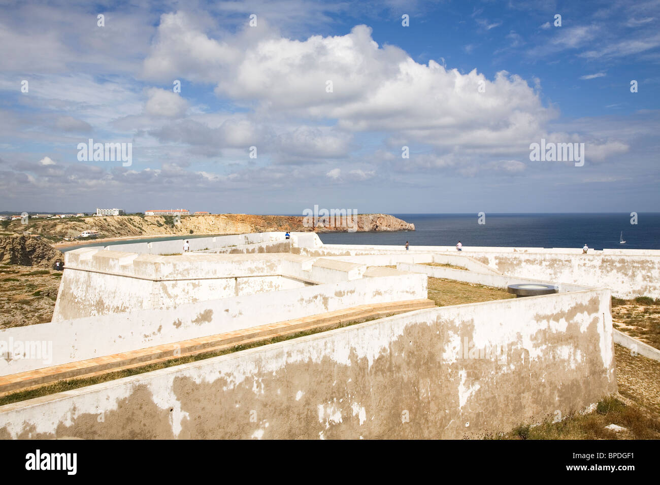 The walls of the historic fortress at Sagres on the Algarve in Portugal ...