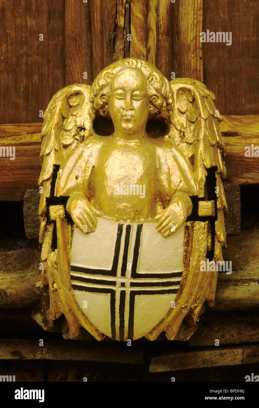 Durham Cathedral cloisters, angel roof boss, 15th century painted wood ...