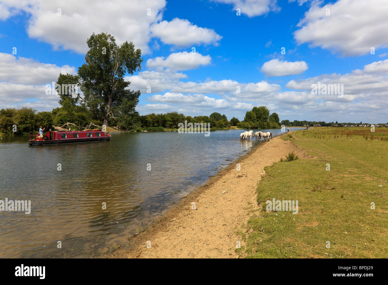 A Narrow Boat passes Horses Paddle in the River Thames(Isis) between ...