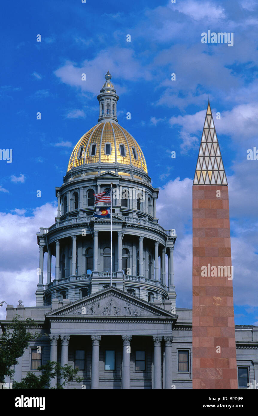 Colorado state capitol building and war memorial obelisk in Denver ...