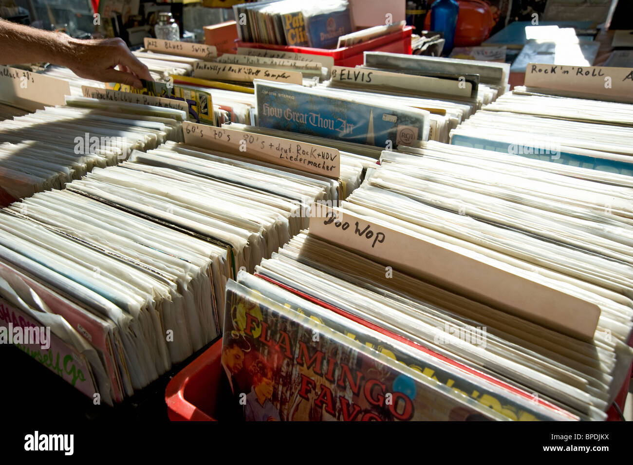 Cases with vinyl records on a flea market Stock Photo - Alamy
