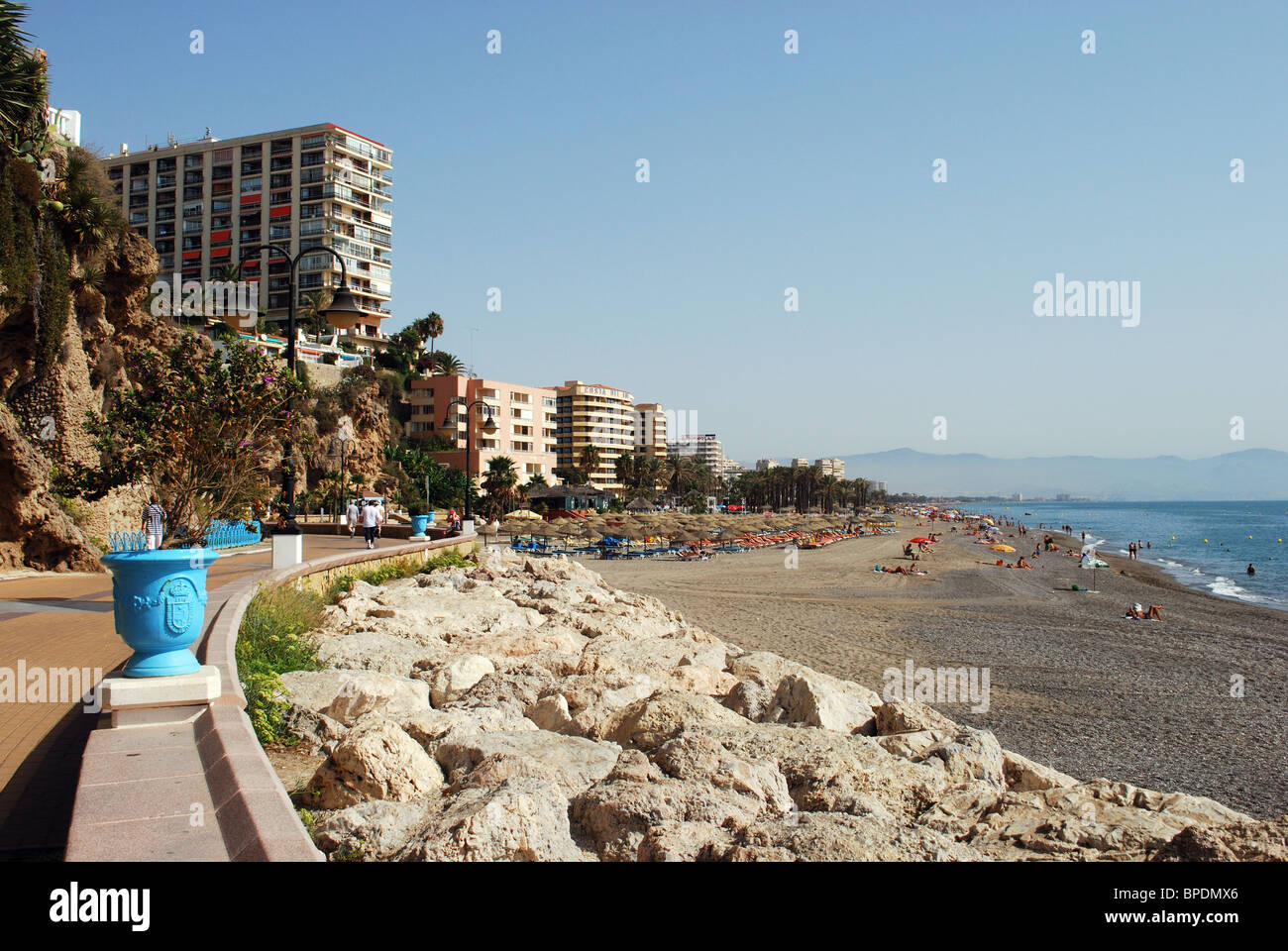 Beach and promenade, Torremolinos, Costa del Sol, Malaga Province ...