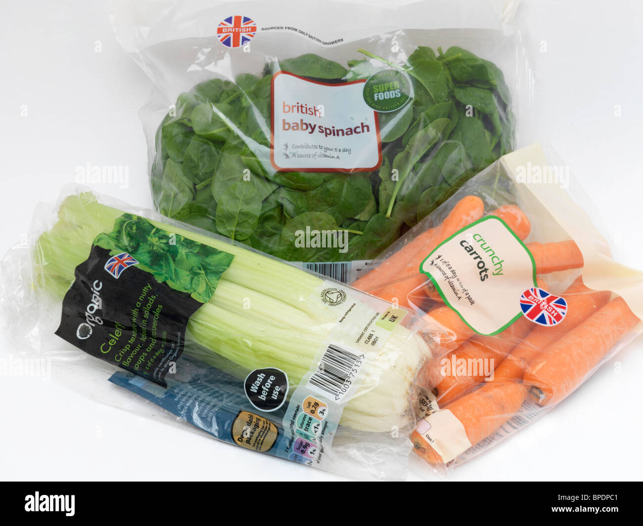 British Grown Vegetables Organic Celery, Baby Spinach And Carrots Stock ...