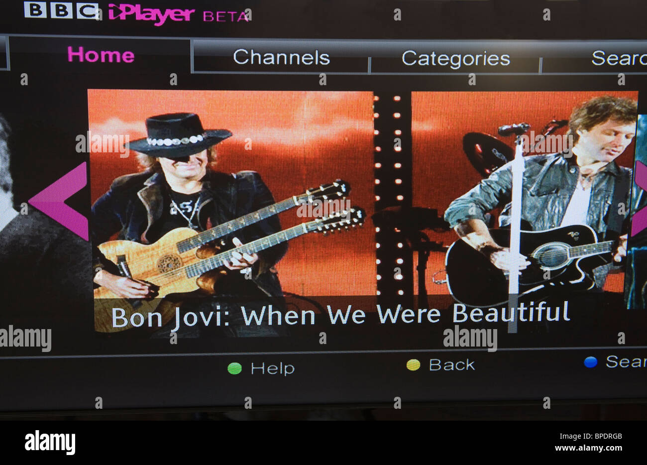 Close up of a flat screen television set showing the BBC i Player BETA ...