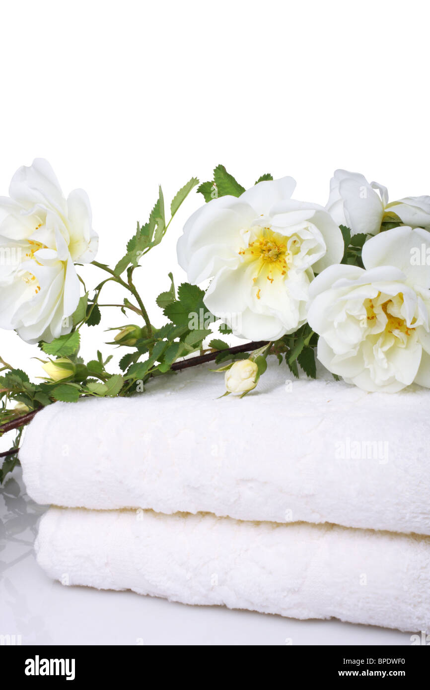 Bath towels with rose isolated on white background Stock Photo - Alamy