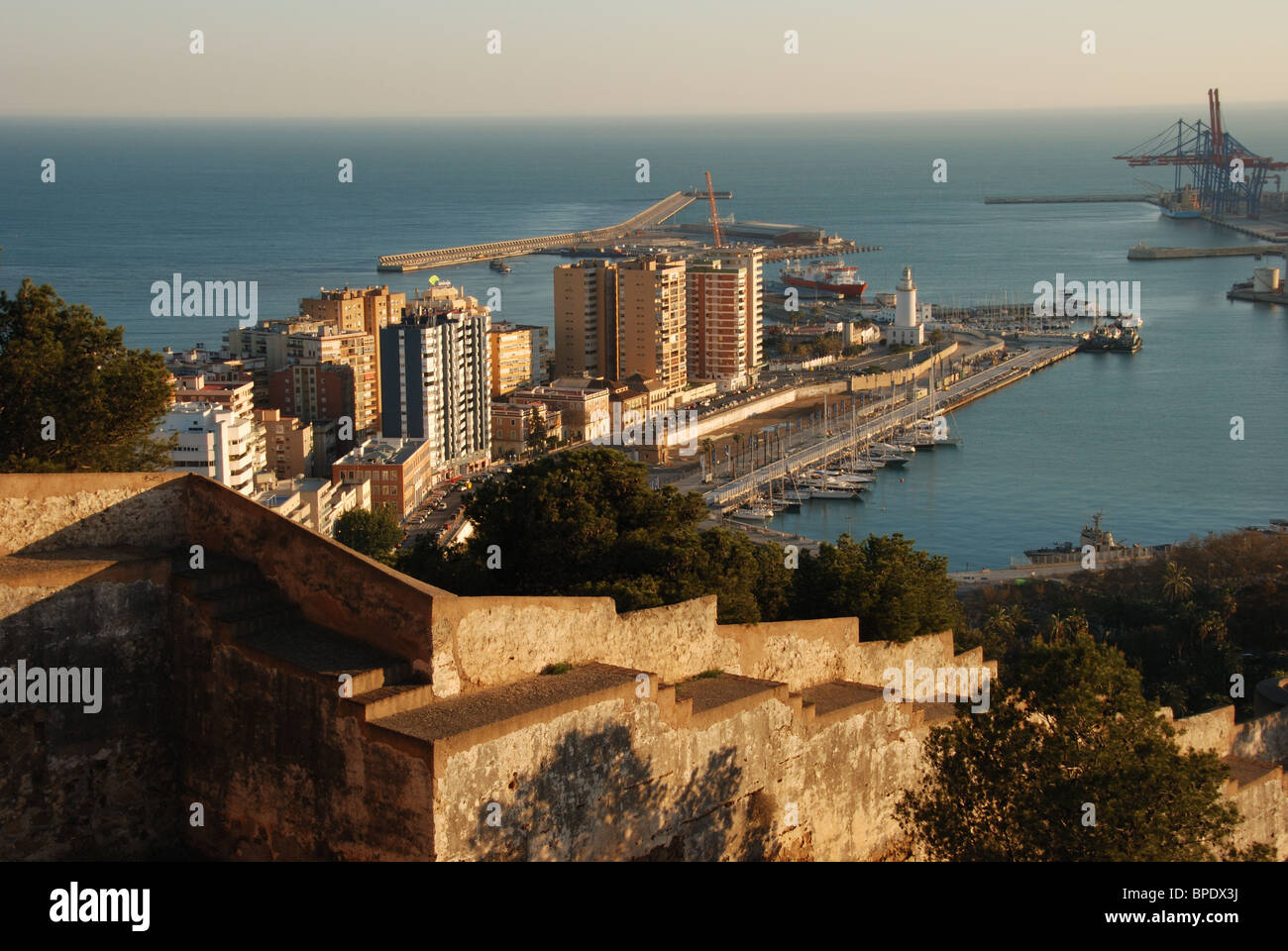 Castle walls with views over the port area, Gibralfaro castle, Malaga ...