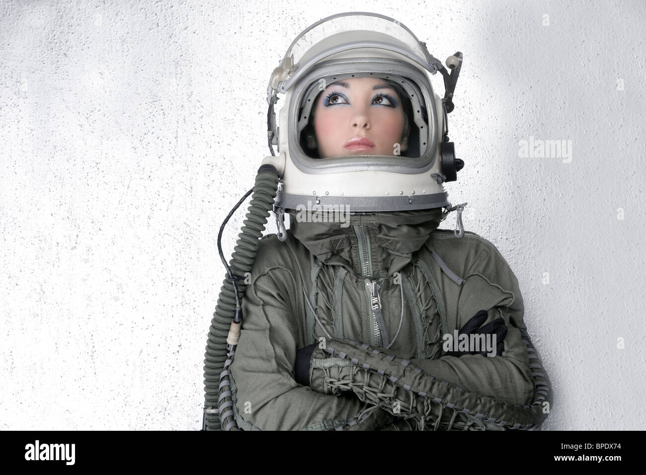 aircraft astronaut spaceship helmet woman fashion portrait over silver ...