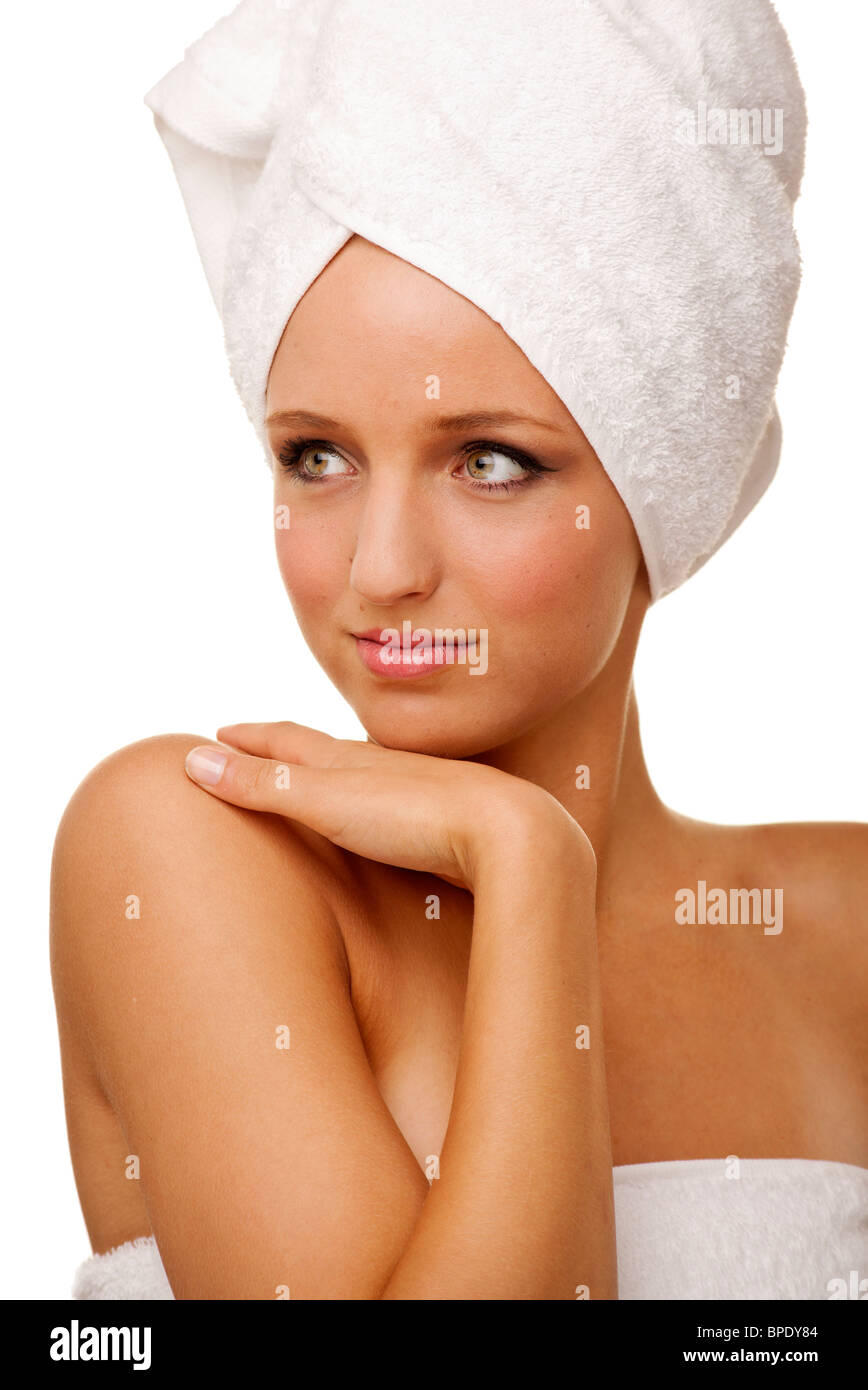 woman with a towel on her head Stock Photo - Alamy