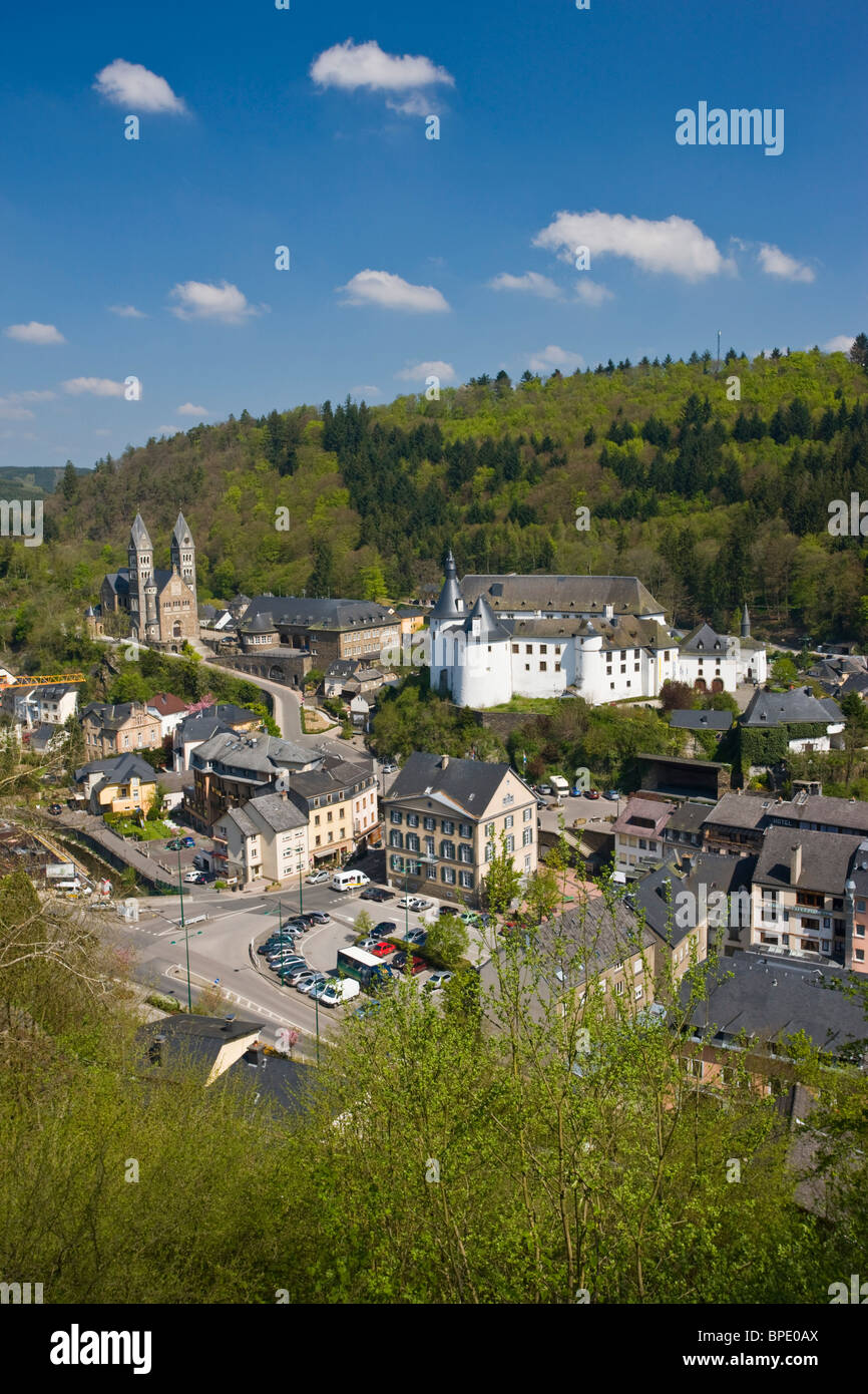 Luxembourg, Clervaux. High angle view of town and Clervaux Castle , the ...