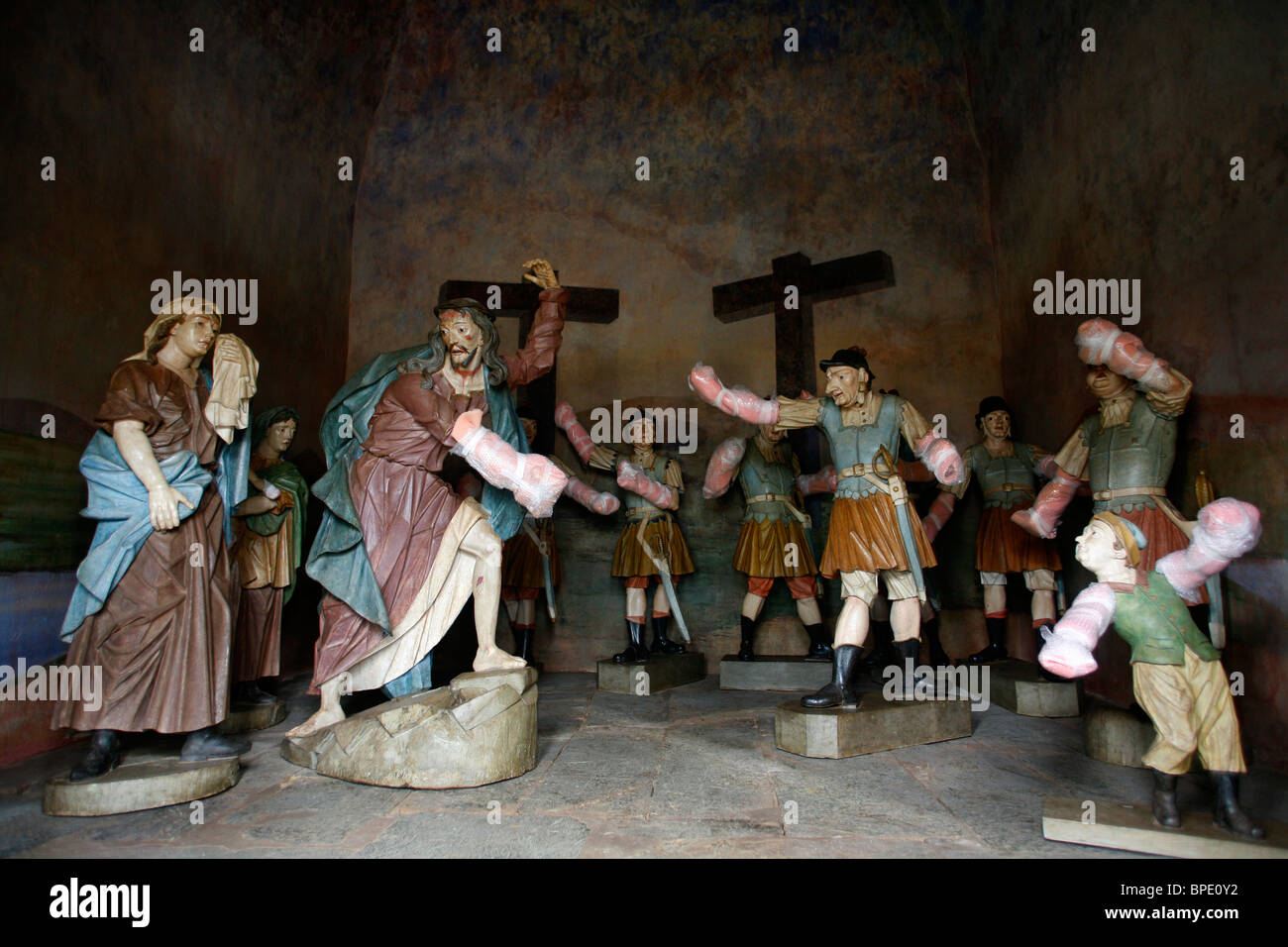 The woodcarved statues depicting the Road to Golgotha scene at the ...
