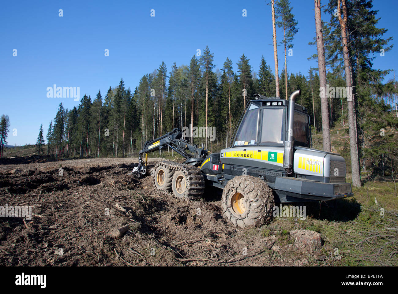 Finnish Ponsse Beaver forest harvester at clear-cutting area , Finland ...