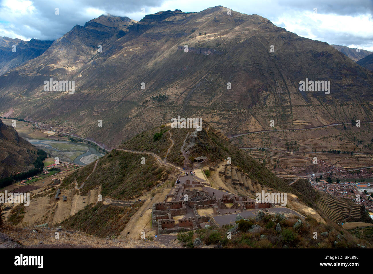 Restored Inca citadel ruins, on a hilltop overlooking Pisac, Sacred ...