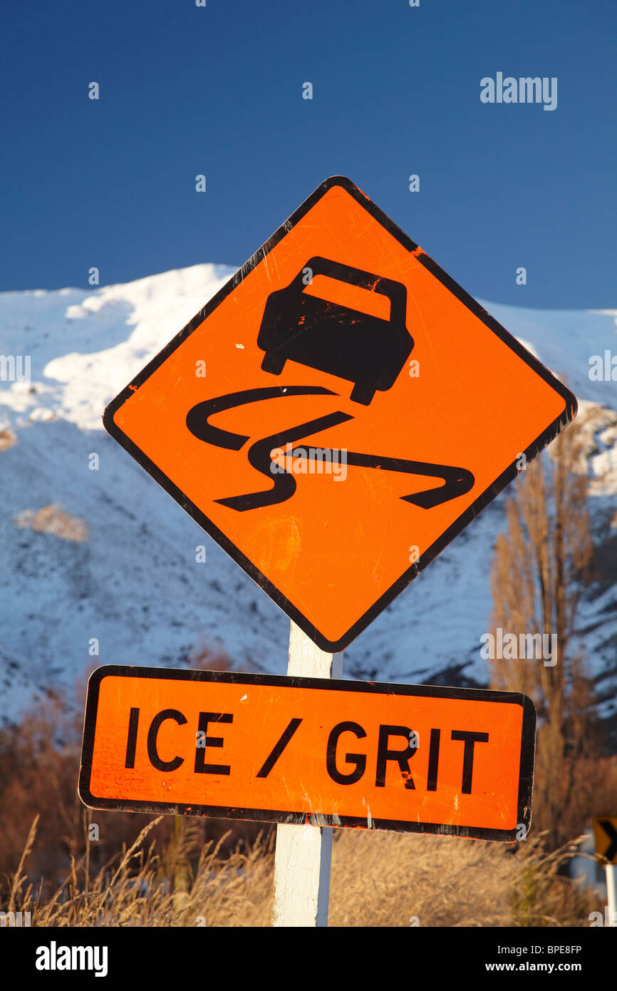 Warning Sign, Crown Range Road, South Island, New Zealand Stock Photo ...
