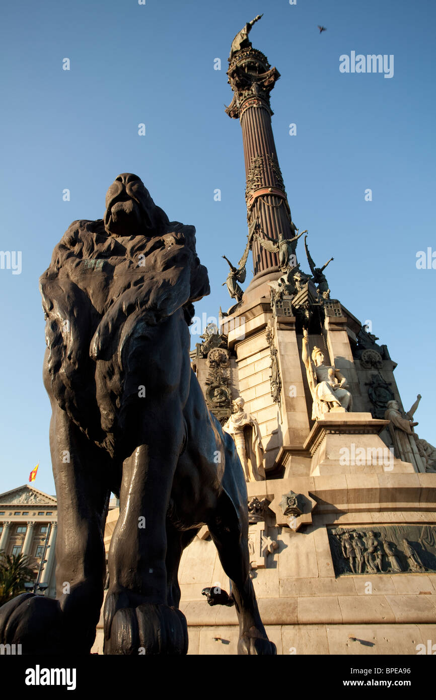 Barcelona Monument a Colom with lion Stock Photo - Alamy