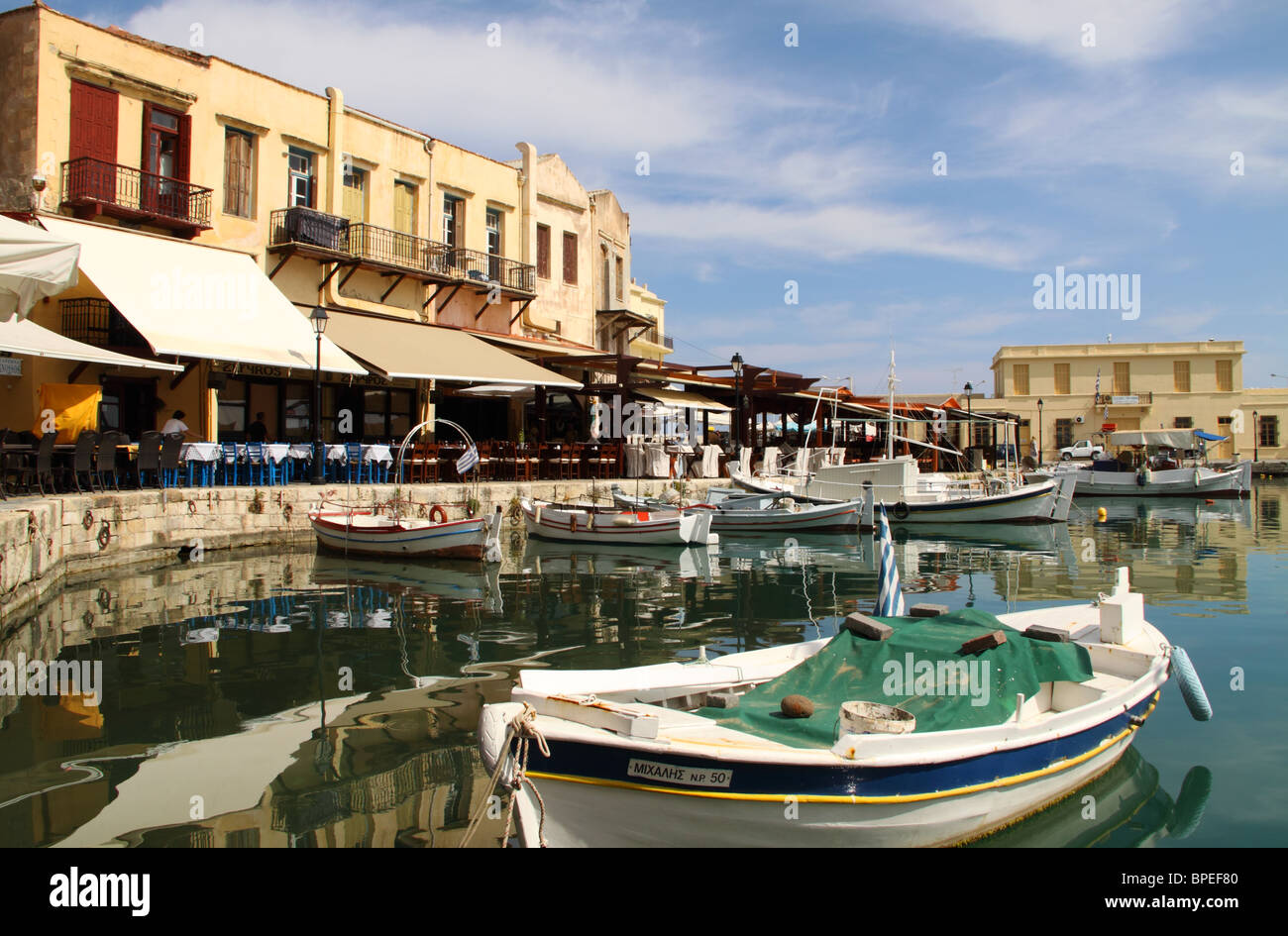 Old venetian port, fishing boat, Rethymno, Crete, Greece Stock Photo ...