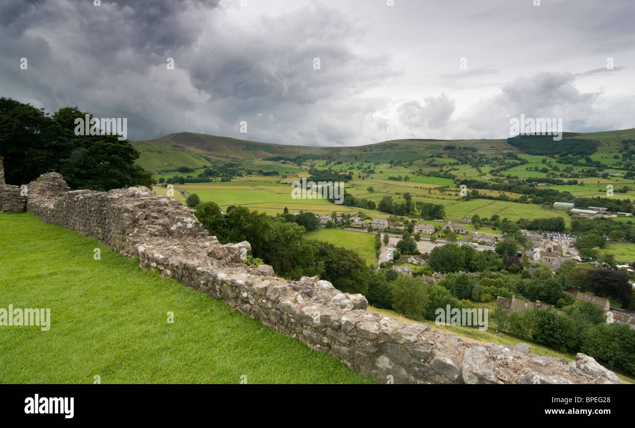 View over Castleton and the hills and mountains beyond including Mam ...