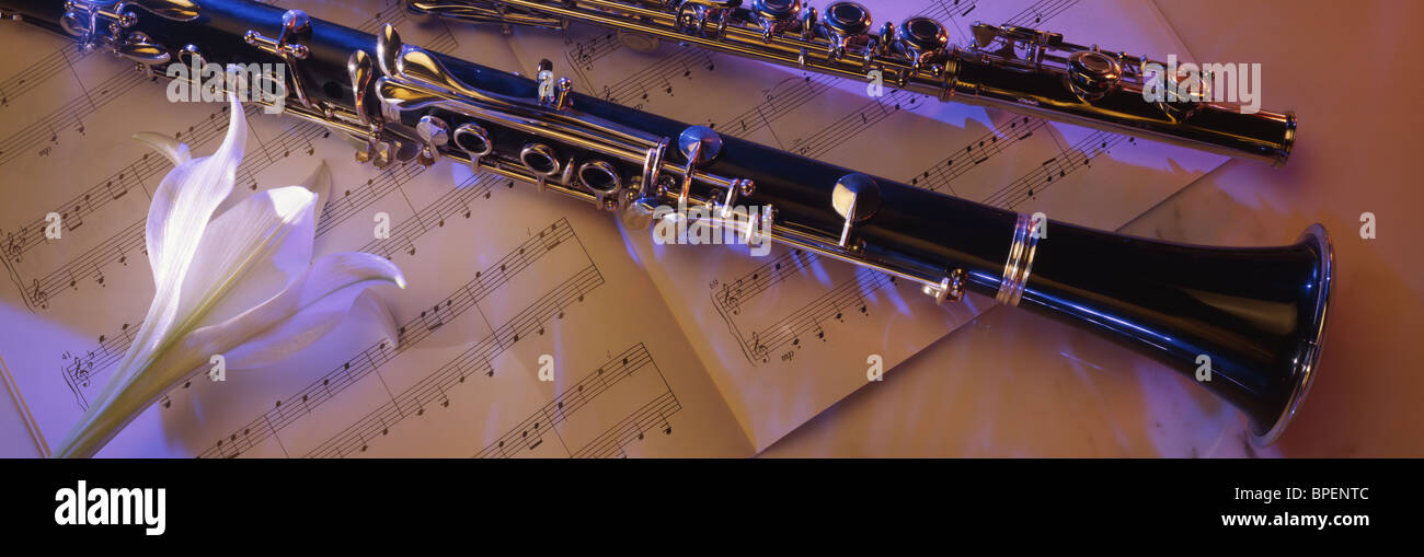 clarinet lying on sheet music with lily flower,music,musical,musical ...