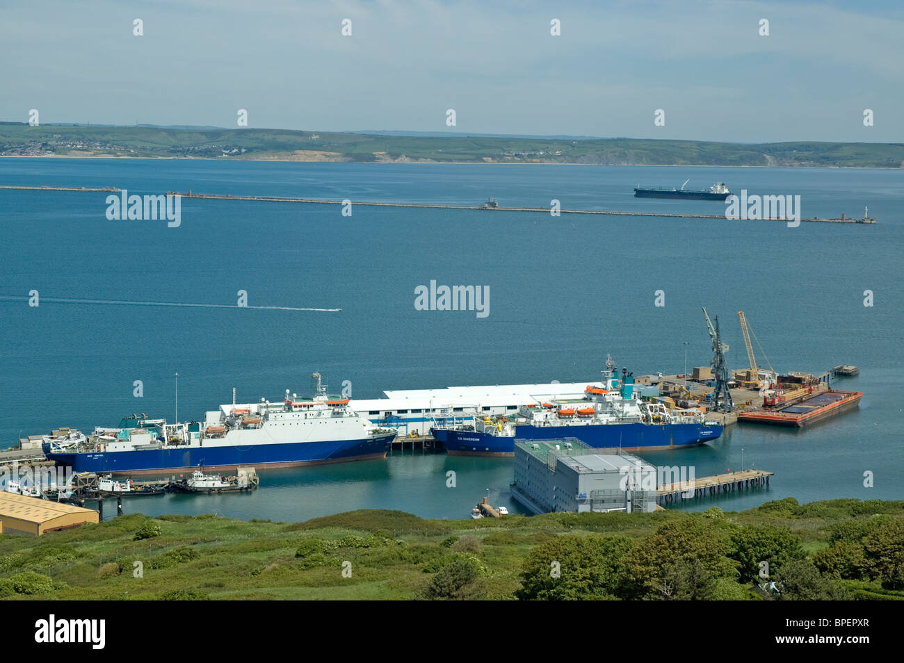 Commercial Ships in Portland Port, Portland Harbour, Dorset Stock Photo ...