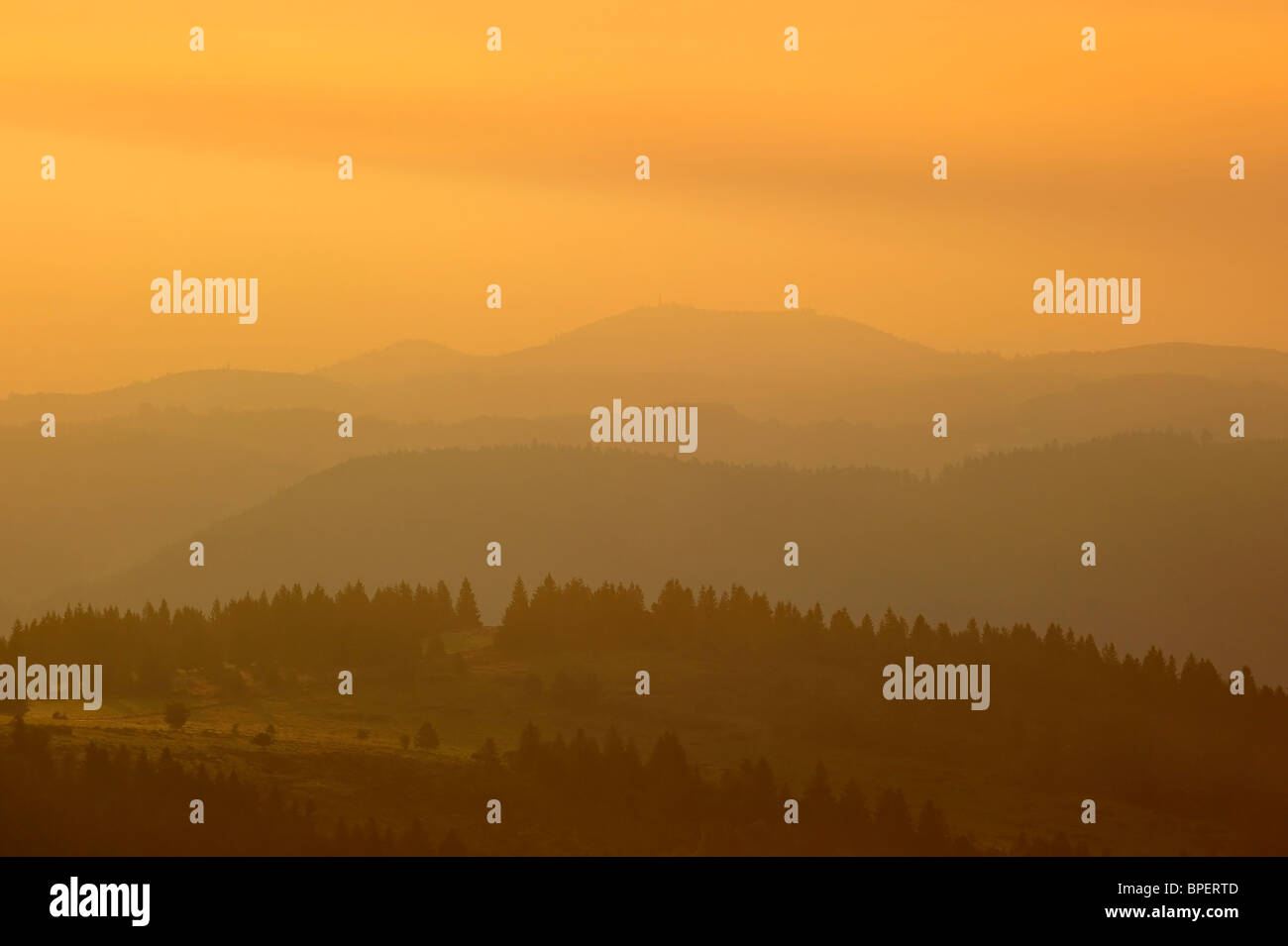 View over the Vosges mountain range at sunrise, Alsace, France Stock ...