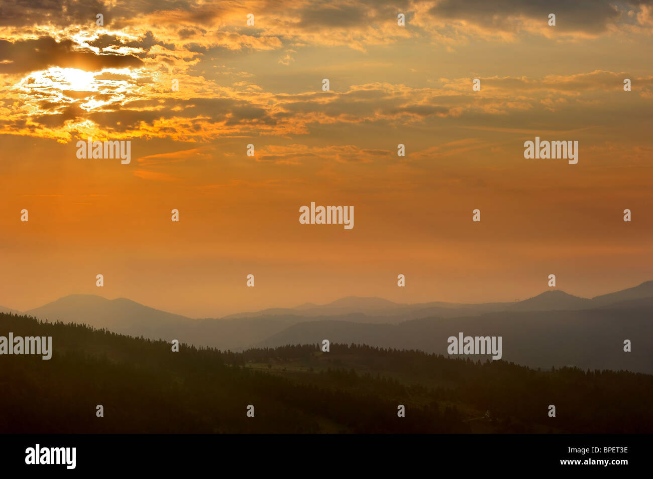 View over the Vosges mountain range at sunrise, Alsace, France Stock ...