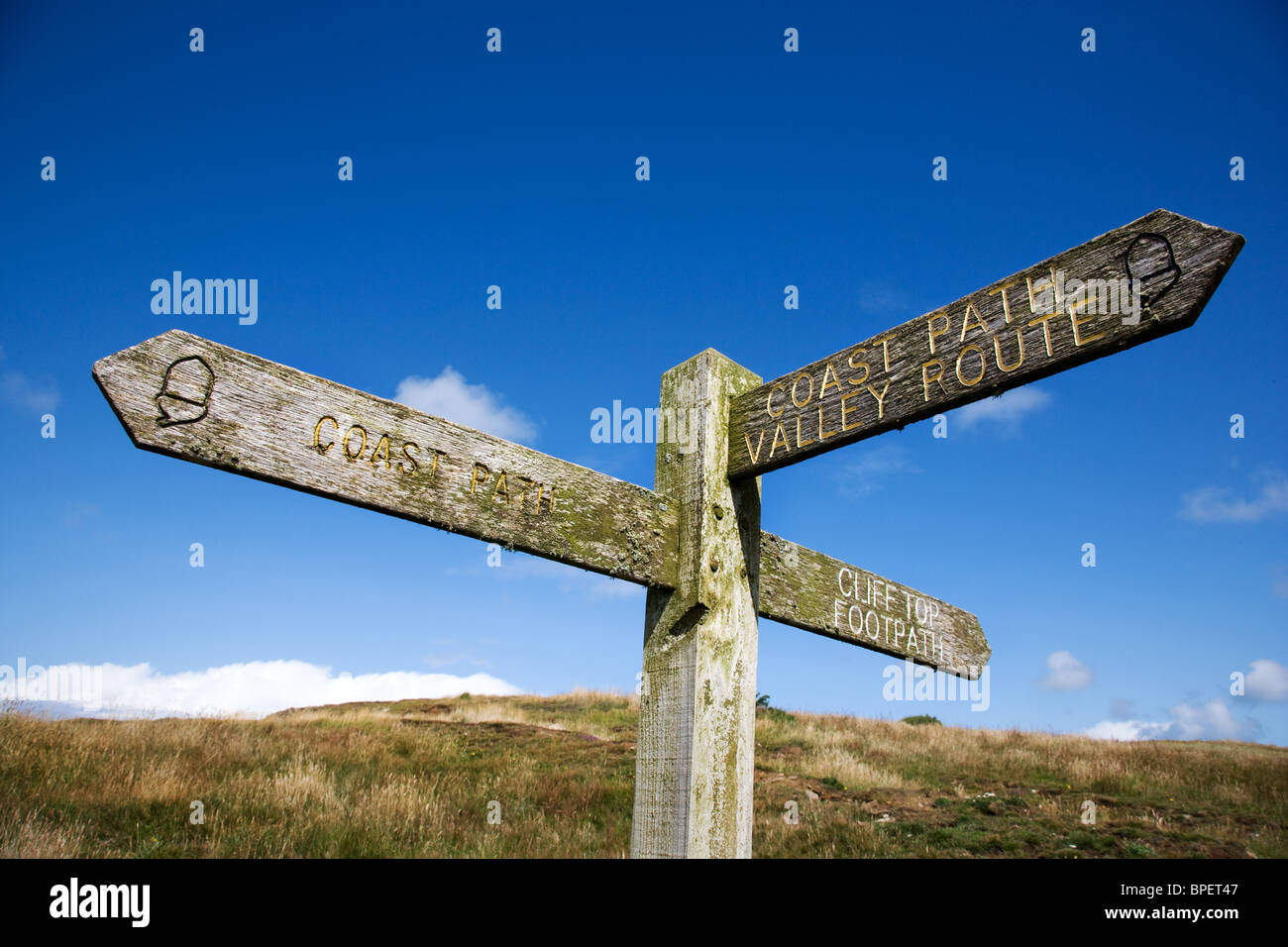South West Coast Path waymarker on the North coast of Devon with an ...