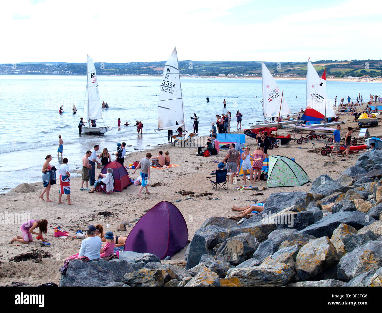 Busy beach, Mount's Bay, Marazion, Cornwall, UK Stock Photo - Alamy