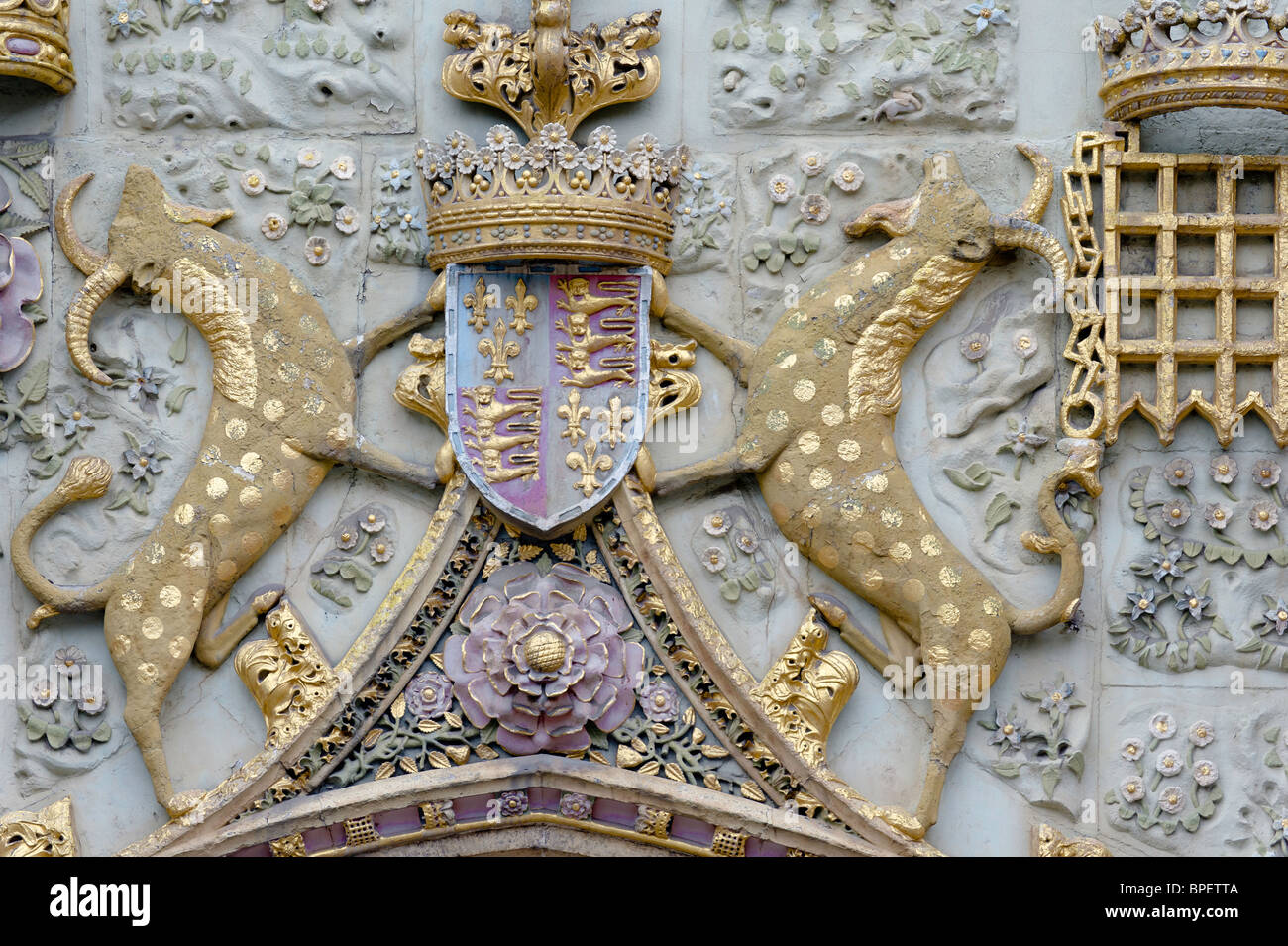 Emblem over entrance of St John's college, Cambridge university Stock ...